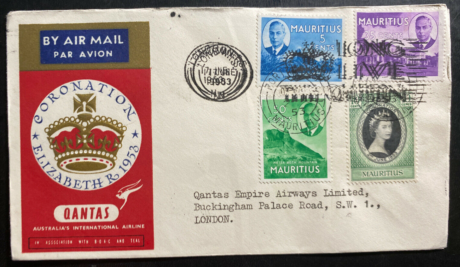1953 Mauritius QE2 Coronation First DAy Cover Queen Elizabeth 2 Qantas ...
