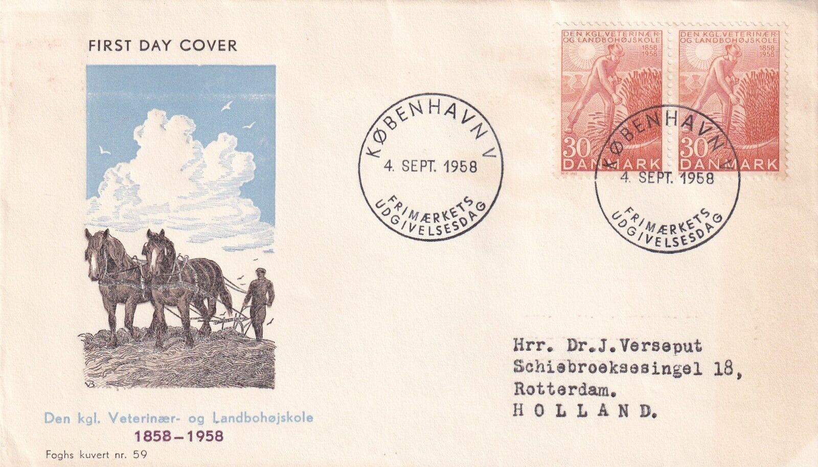 SA25d Denmark 1958 100th Anniv of the Royal Veterinary and Agric ...