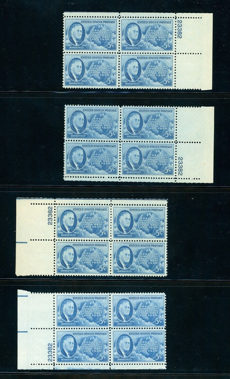 US Stamp #933 Franklin D Roosevelt 5c - 4 Corner Block Plates #23382 ...