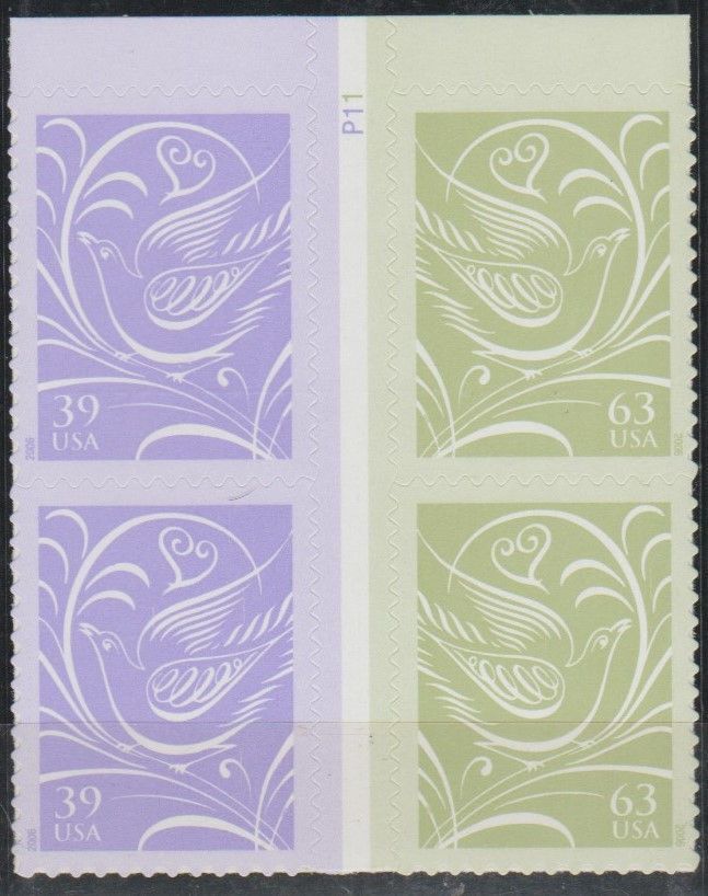 3998-99, BLK-4 W/PL# P11, "Wedding Doves" MNH, .39cent & .63cent ...