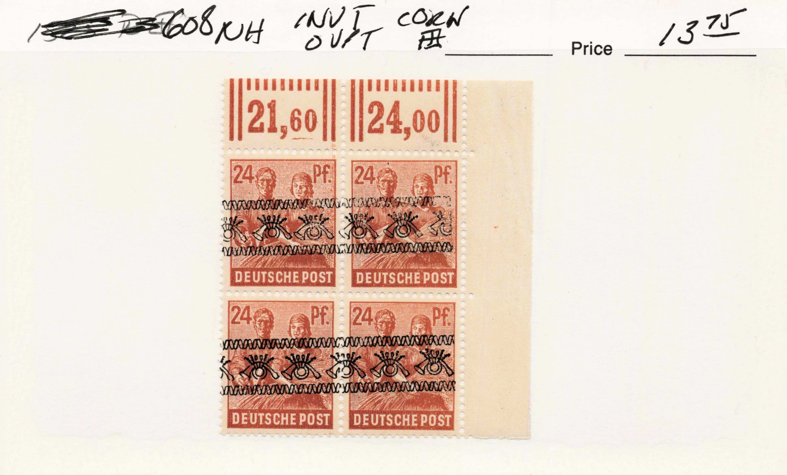 Germany 608 MNH Inverted Overprint Corner Block | Europe - Germany ...