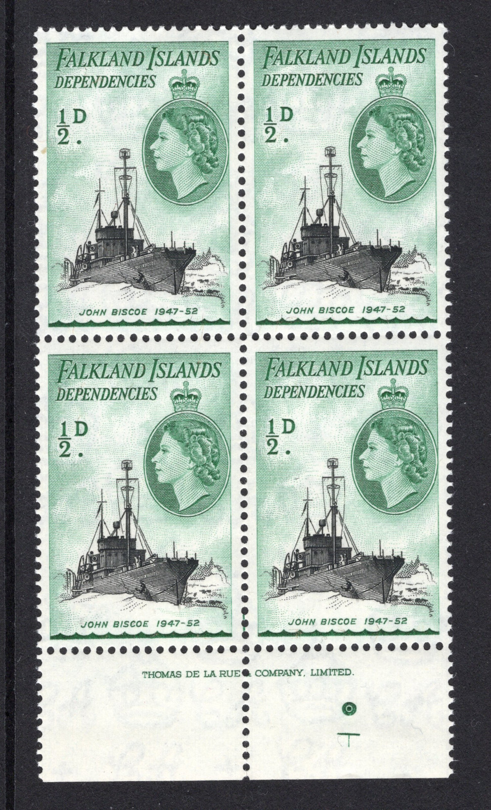 Falkland Islands Deps 1954 QEII QEII ½d DLR imprint block superb MNH ...