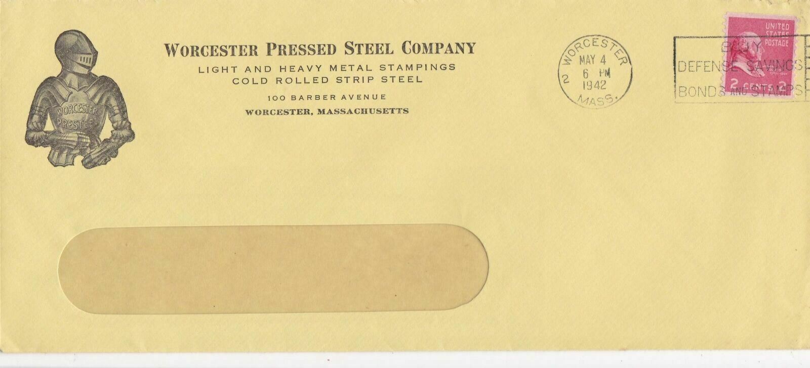U.S. WORCESTER PRESSED STEEL COMPANY 1942 Slogan Buy Bonds Stamp Cover ...