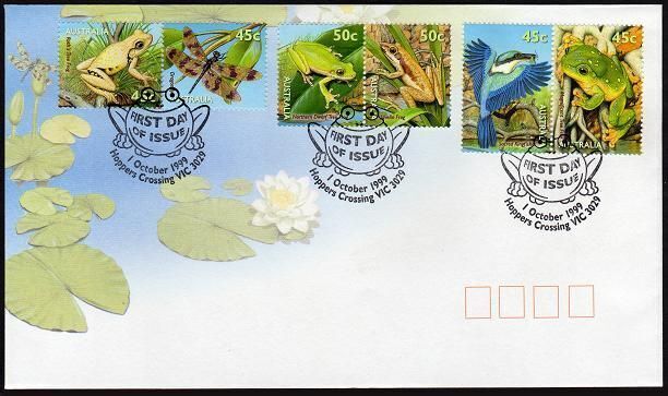 Australia 1784-89a,1790,FDC. Pond fauna 1999.Frogs,Dragonfly,Scarlet ...
