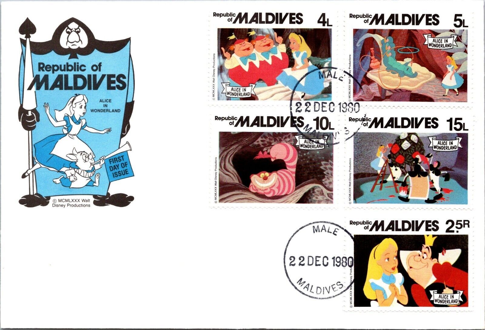 Maldives FDC 1980 - Alice in Wonderland, Walt Disney - Block of 5 ...