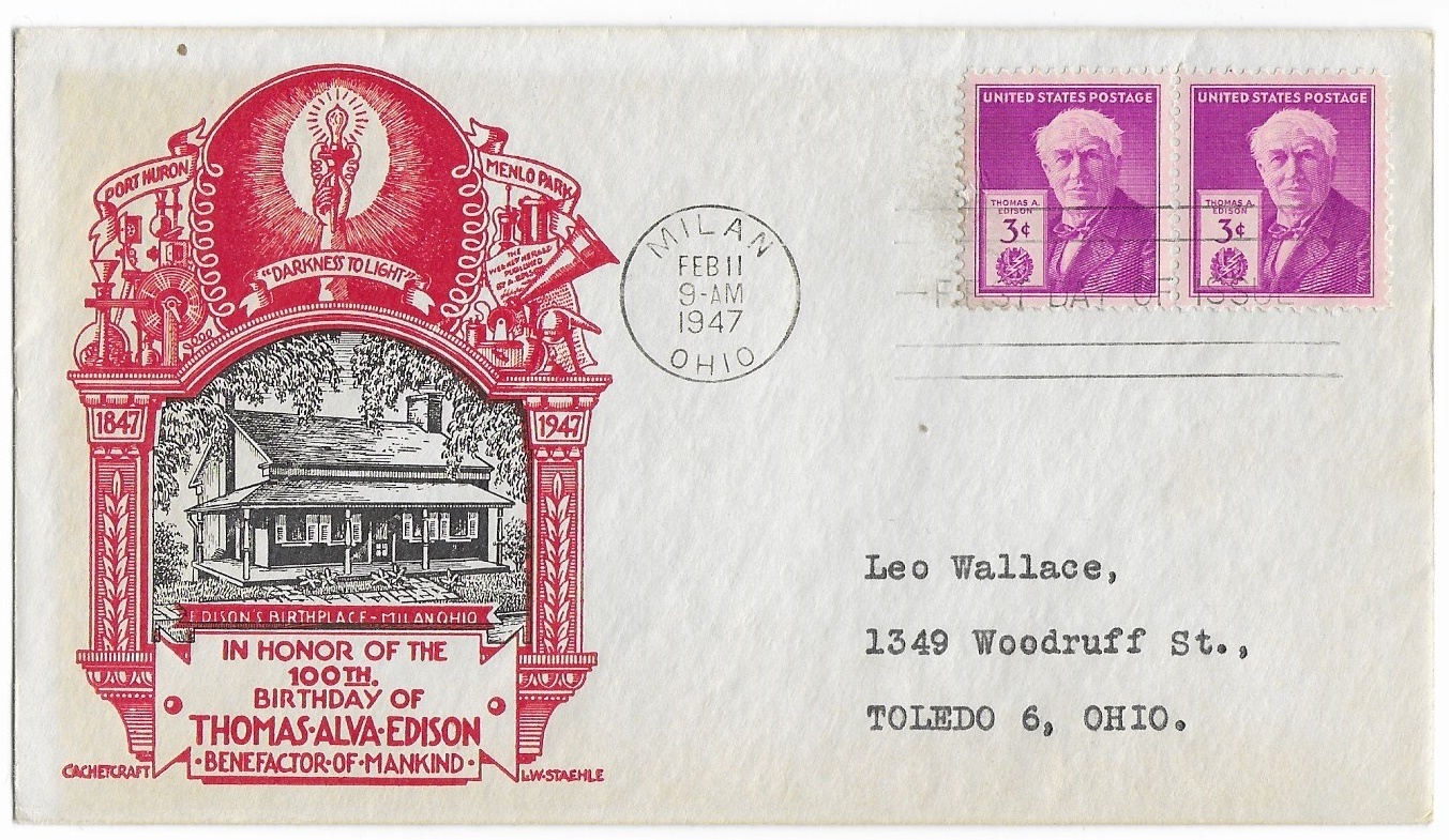 1947 FDC, #945, 3c Thomas A. Edison, CC/Staehle | United States ...