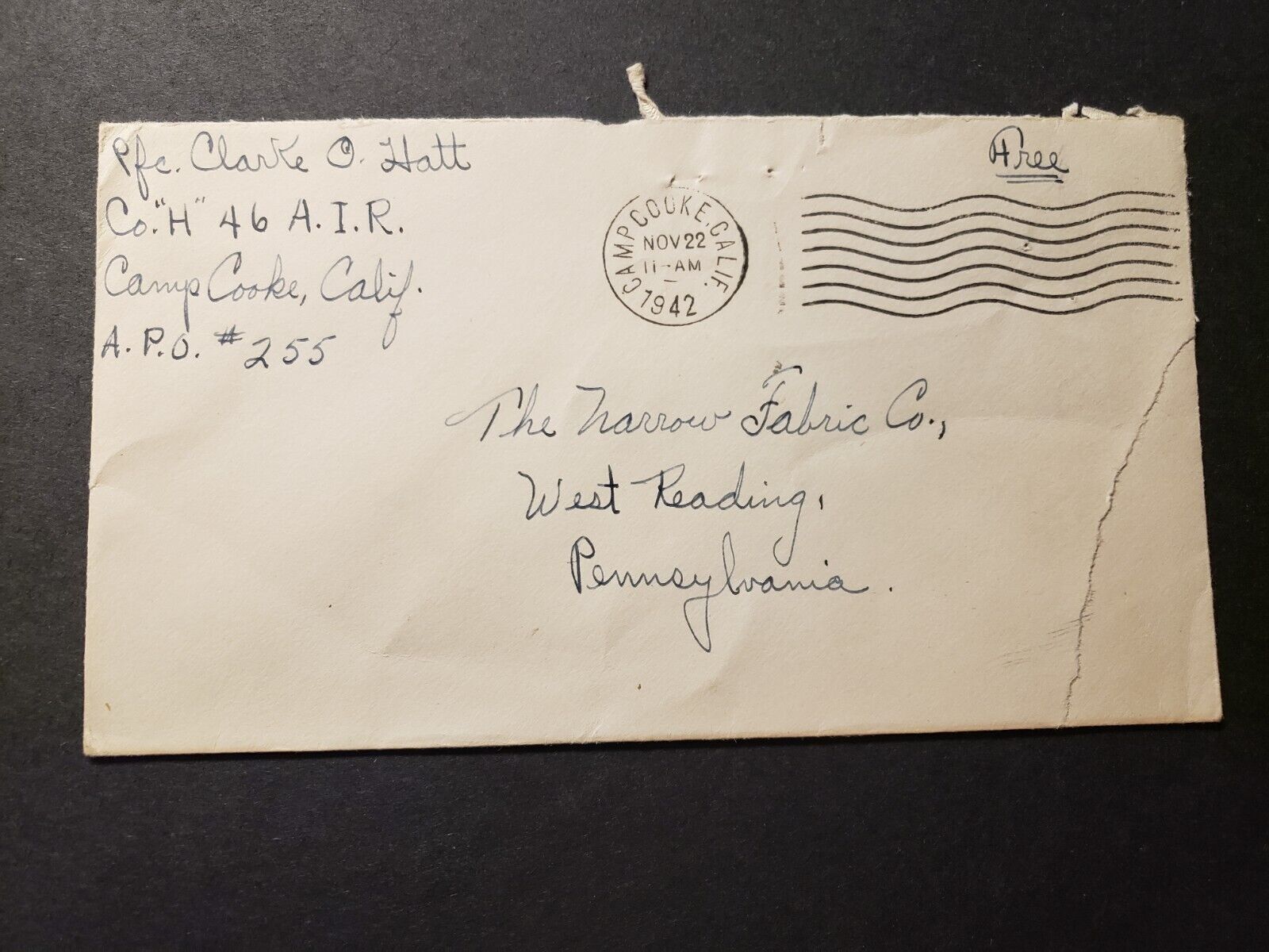 APO 255 CAMP COOKE, CALIF 1942 WWII Army Cover 46th ARMORED Infantry ...