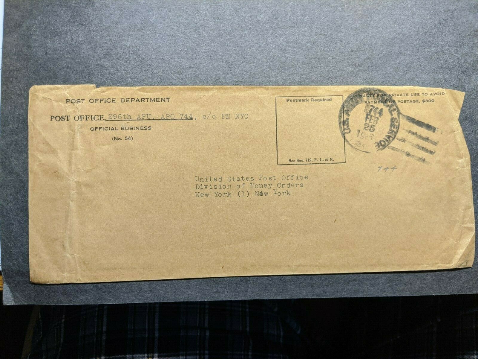 APO 744 COMPIEGNE, FRANCE 1945 Official WWII Army Cover 296th APU ...