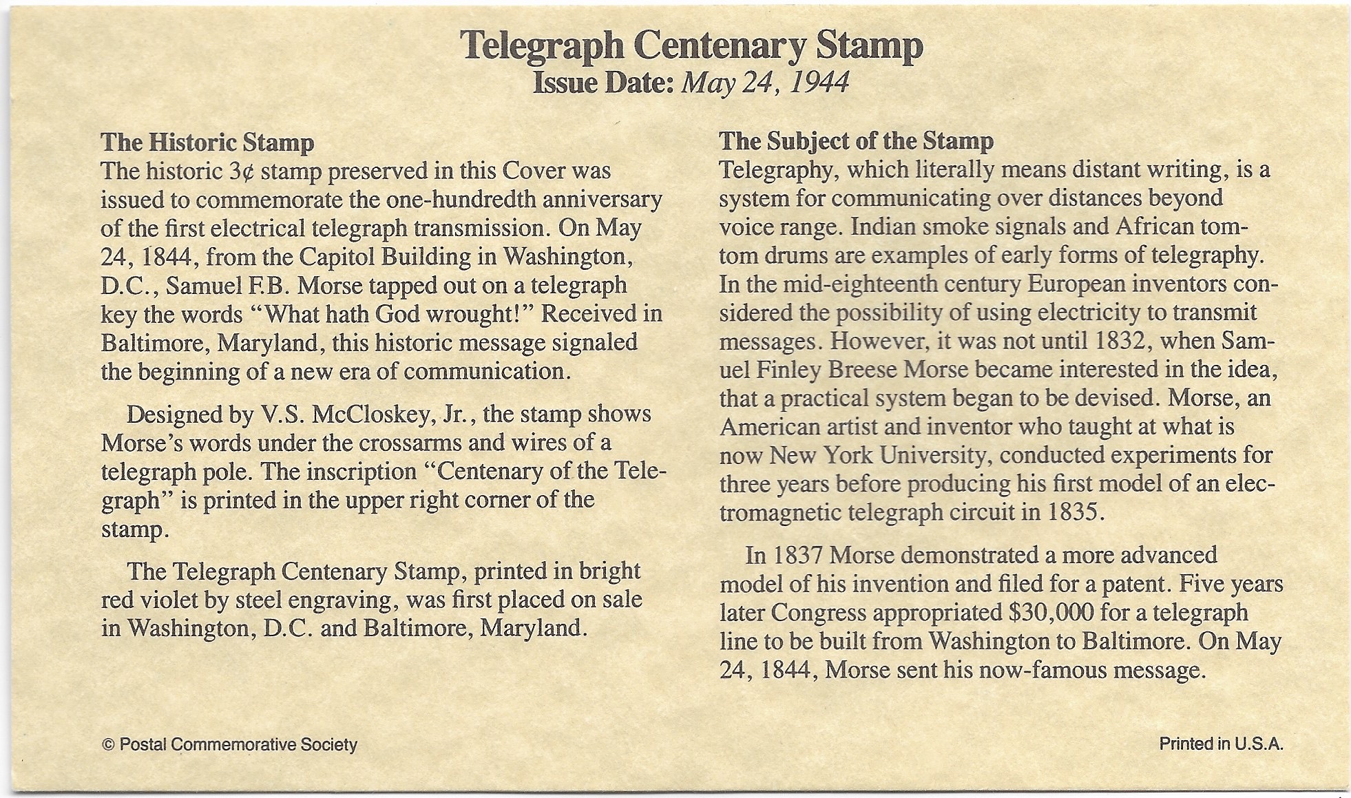 US #924 MNH encased, & used, Telegraph. Nice info card. You want this ...