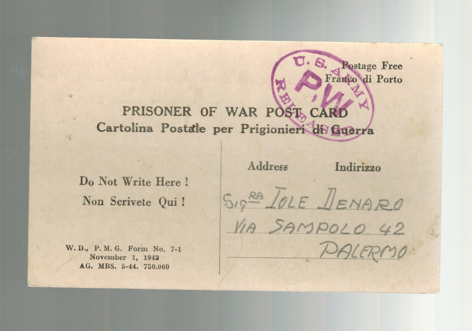 1944 US Army POW Postcard Cover to Italy Prisoner of war Held in Oran ...