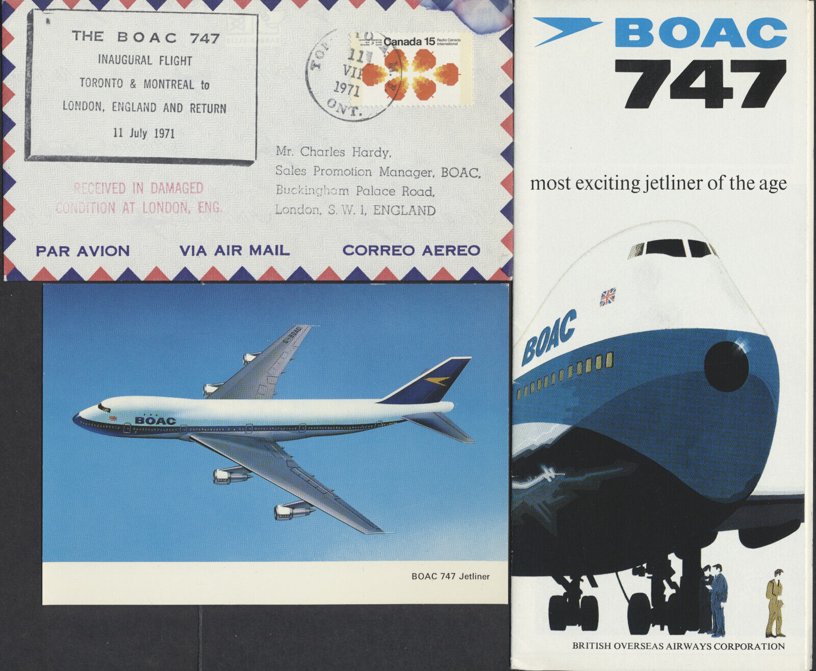 1971 Inaugural BOAC 747 Flight Toronto to England With PC and Brochure ...