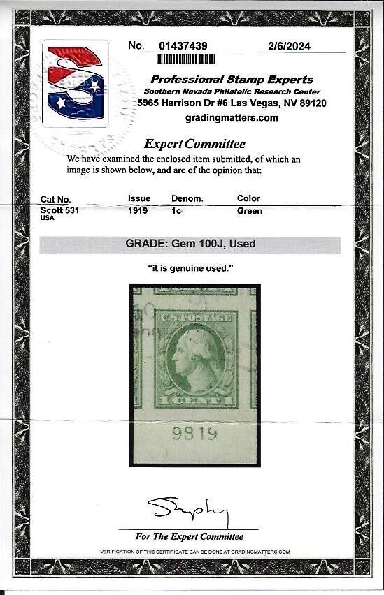 WCstamps: U.S. Scott 531 1c Offset Imperf GEM Used 2024 PSE Cert (100 ...