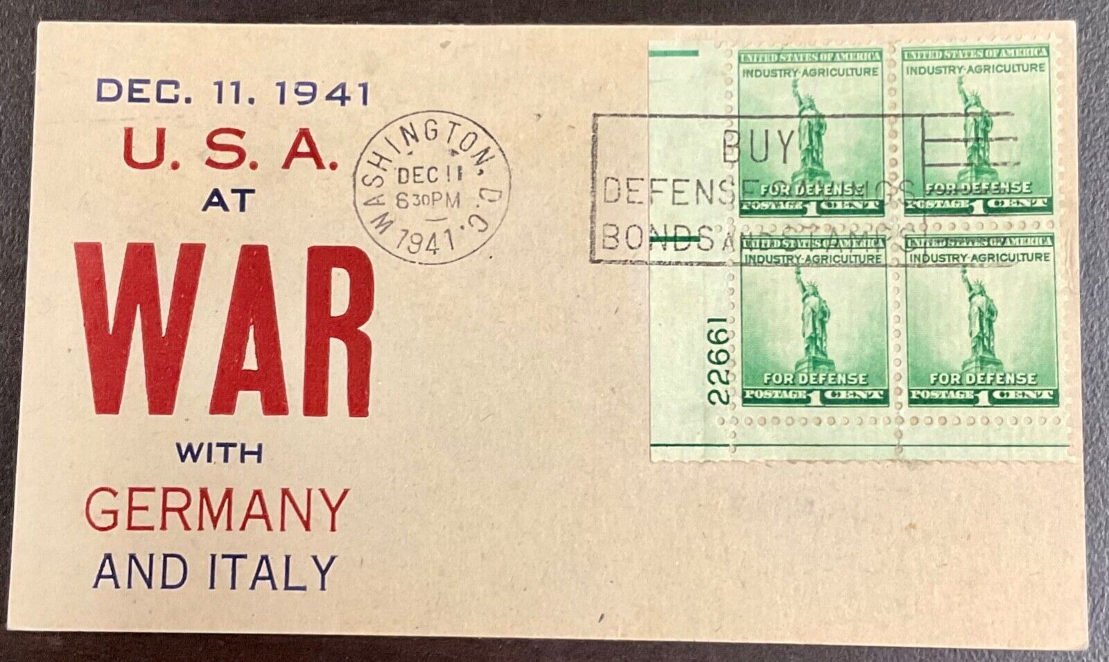 WWII Begins December 11, 1941 Patriotic Postcard USA at War with ...
