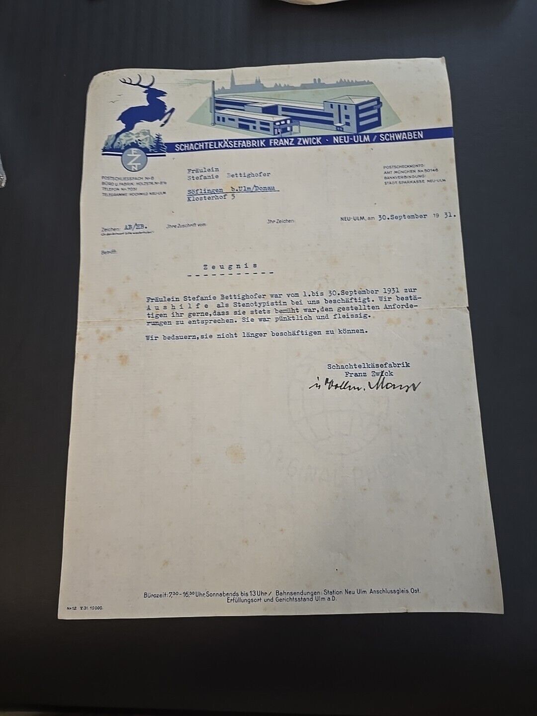 WW2 WWII German Third Reich Document Letter Work Recommendation Typist ...