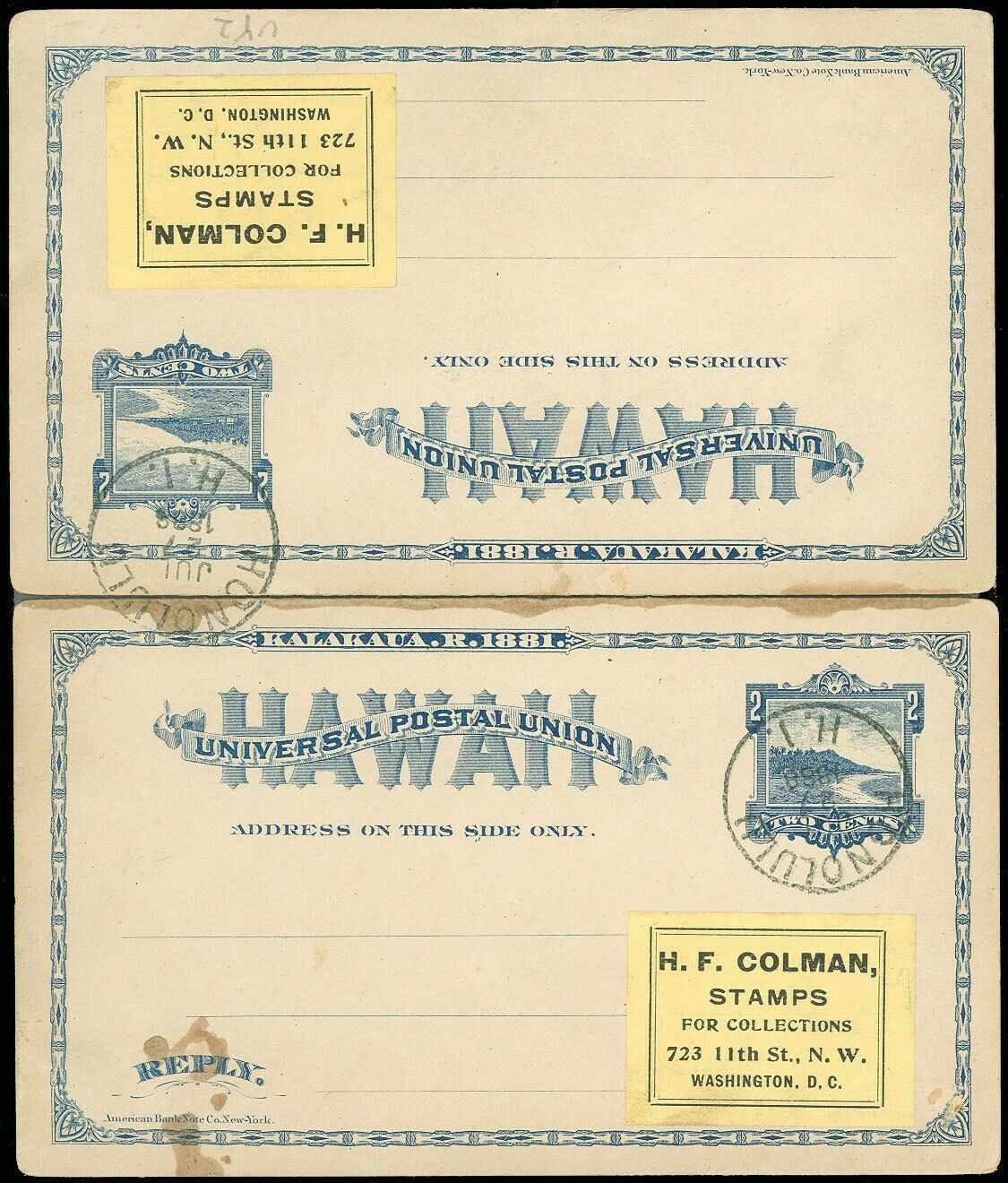 HAWAII #UY2 Double Card, Severed, Tied Cancels! HF COLMAN STAMPS C/C ...