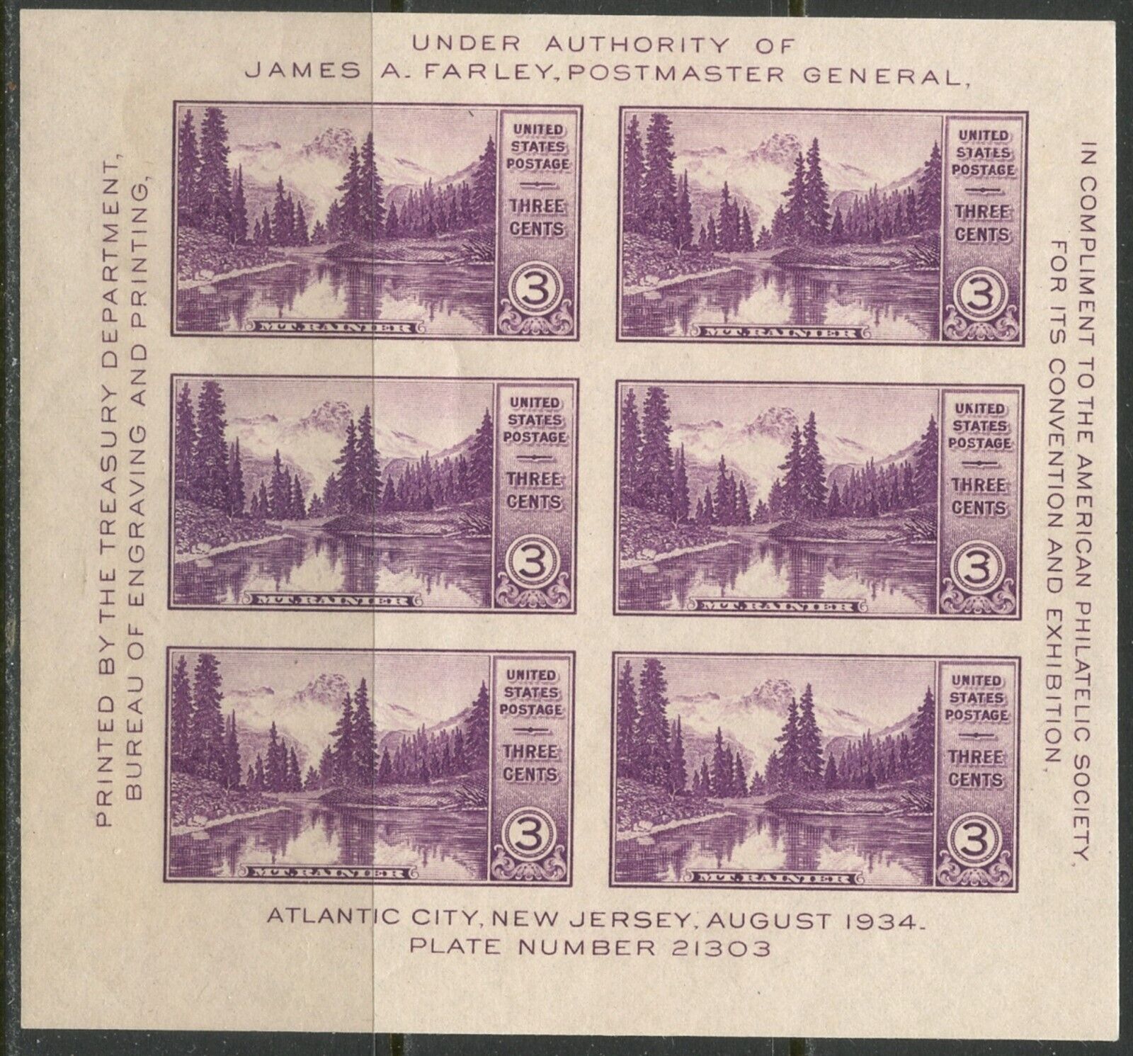 US Sc#750 1934 3c APS Souvenir Sheet of 6 OG Mint NH with Finger Print ...