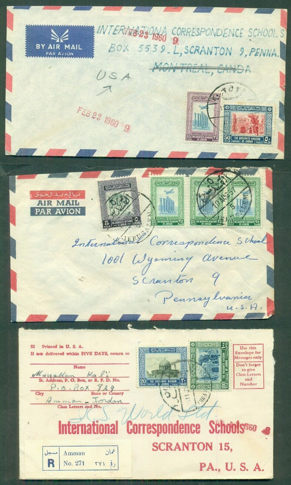 JORDAN, 1957-60, Group of 3 Commercial covers incl. reg & one mis ...