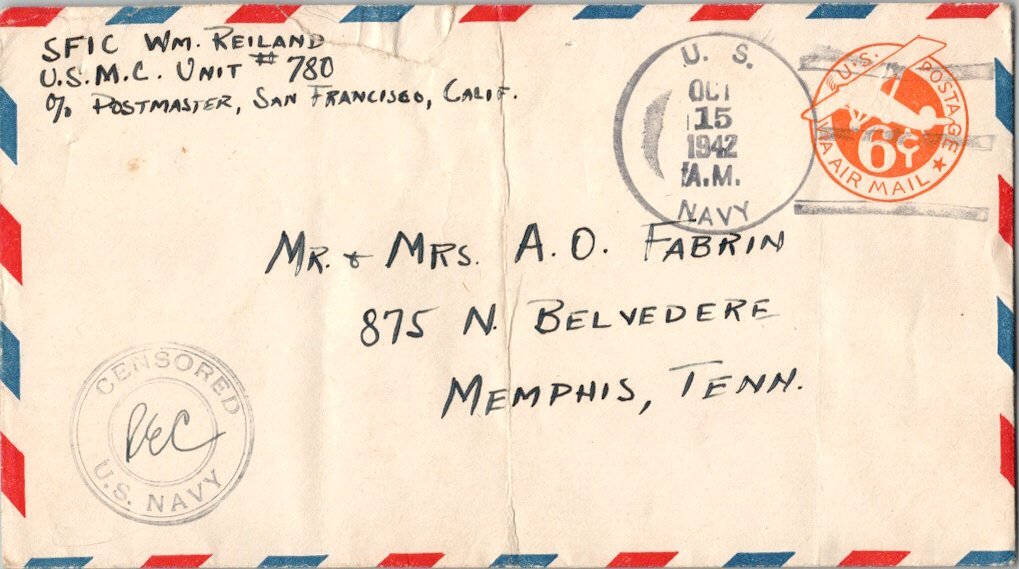 United States Marine Corps 6c Monoplane Air Envelope 1942 U.S. Navy ...