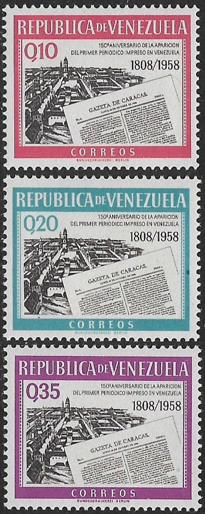 VENEZUELA 1960 NEWSPAPER ANNIVERSARY Set Sc 751-753 MNH / HipStamp