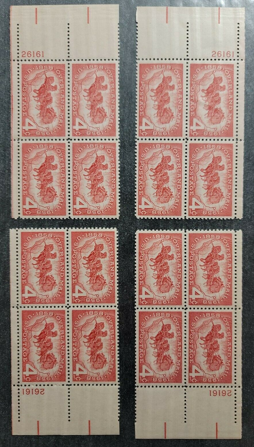 Scott #1120 Overland Mail Matched Set (4) Plate Blocks Of 4 Stamps ...