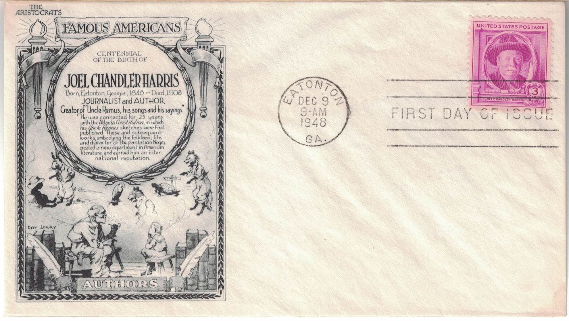 1948 FDC, #980, 3c Joel Chandler Harris, Aristocrats-Lowry | United ...