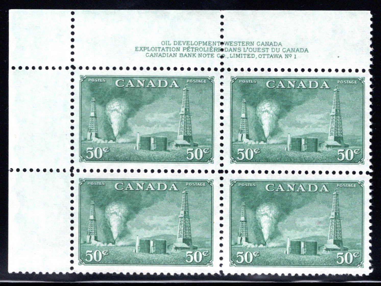 Scott 294, 50c dull green, oil wells, Plate Block "1", MNHOG, VF, UR PB ...