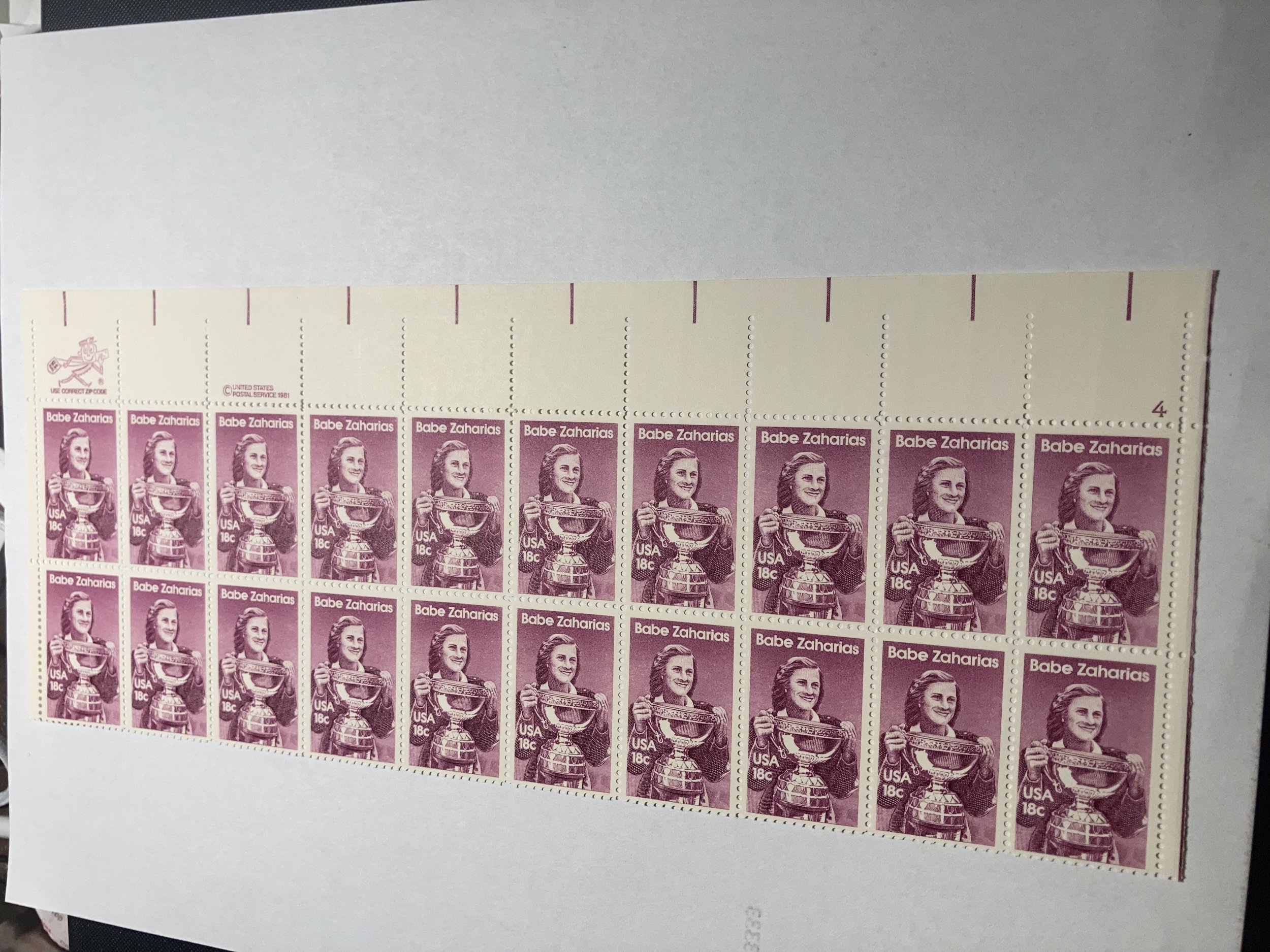 Scott 1932 Zaharias From UR sheet top 2 rows Plate #4 20 stamps M NH OG ...