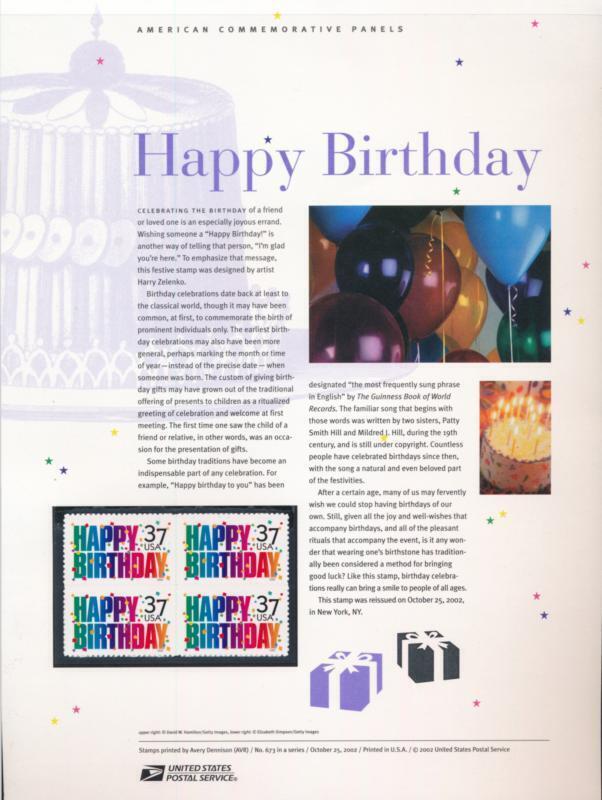 Usps 2002 Commemorative Panel 37c Happy Birthday | United States, Stamp ...