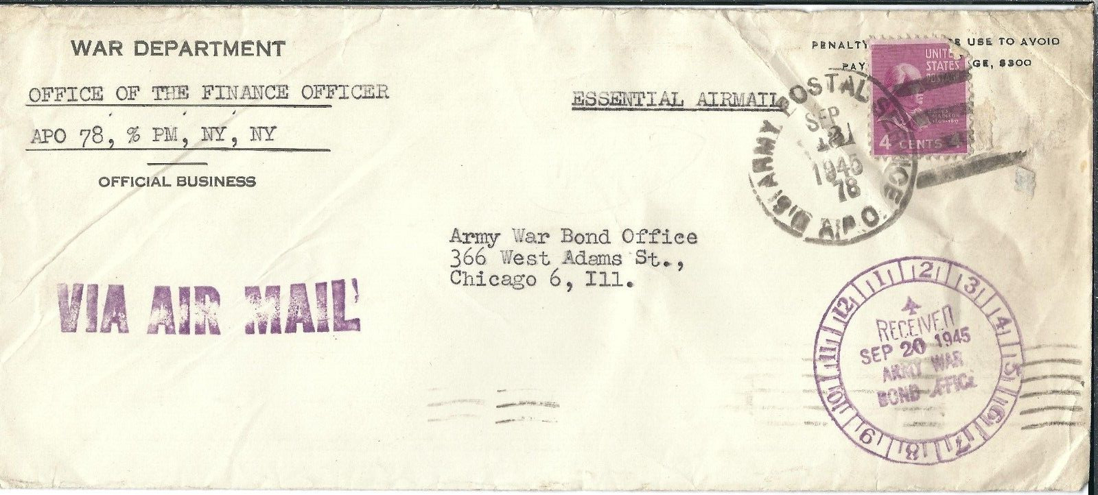 APO APO 78 to Army War Bond Office, Chicago, IL 1945 Airmail solo 4c ...