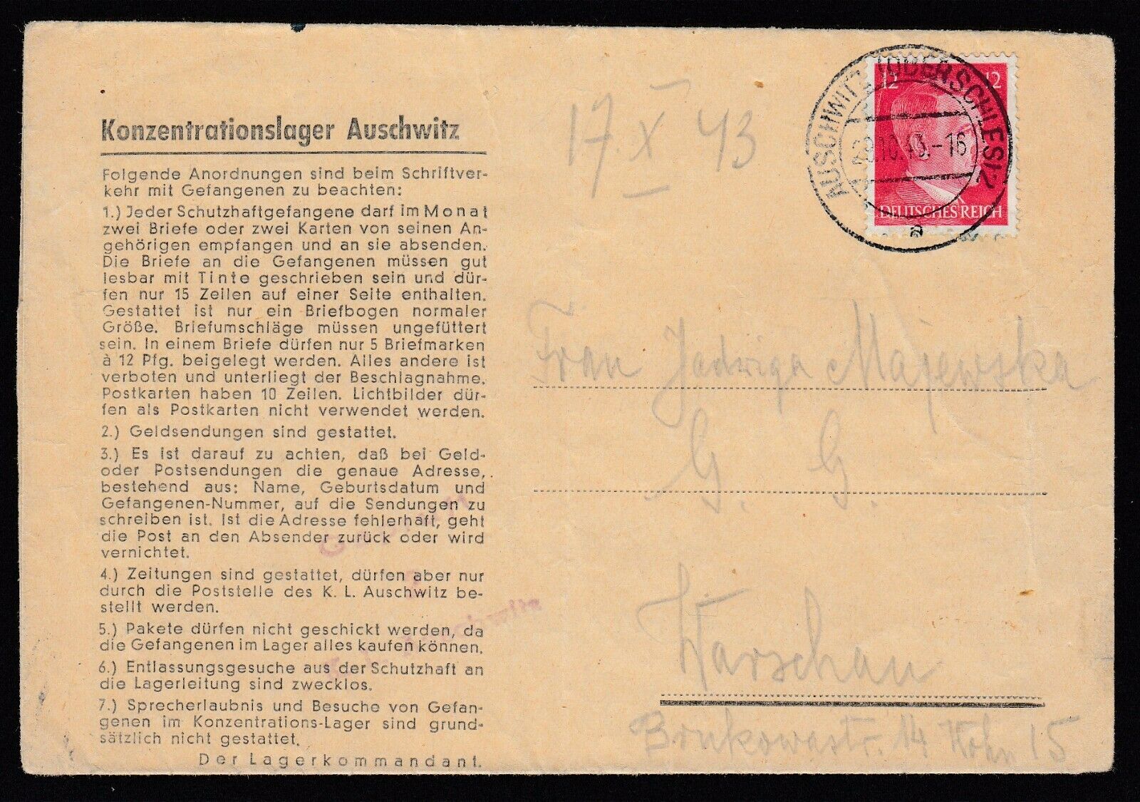 Germany - 1943 Auschwitz Concentration Camp Stationery from Polish ...