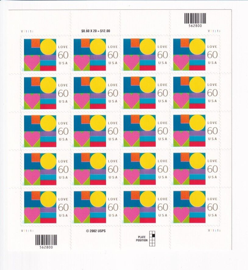 U.S.: Sc #3658, Multicolor Love Stamps 60c, Sheet of 20, MNH (3658 ...