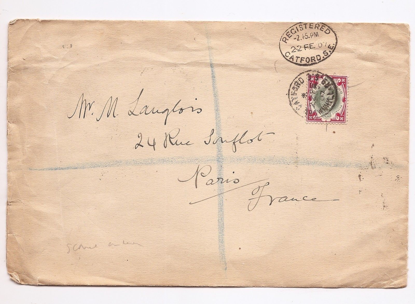 GB 1907 KE 1/- single frank Registered envelope to France SCARCE (bam ...