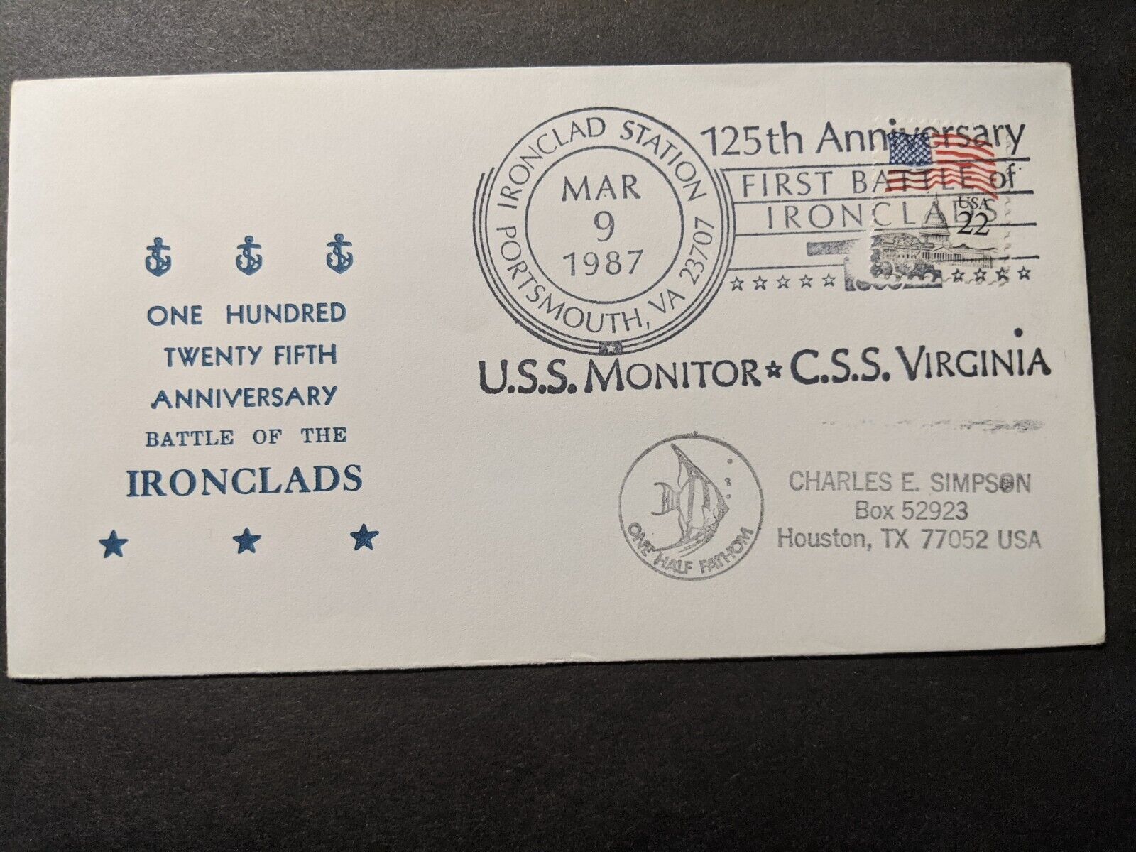 CSS VIRGINIA vs USS MONITOR Naval Cover 1987 IRONCLADS CIVIL WAR Cachet ...