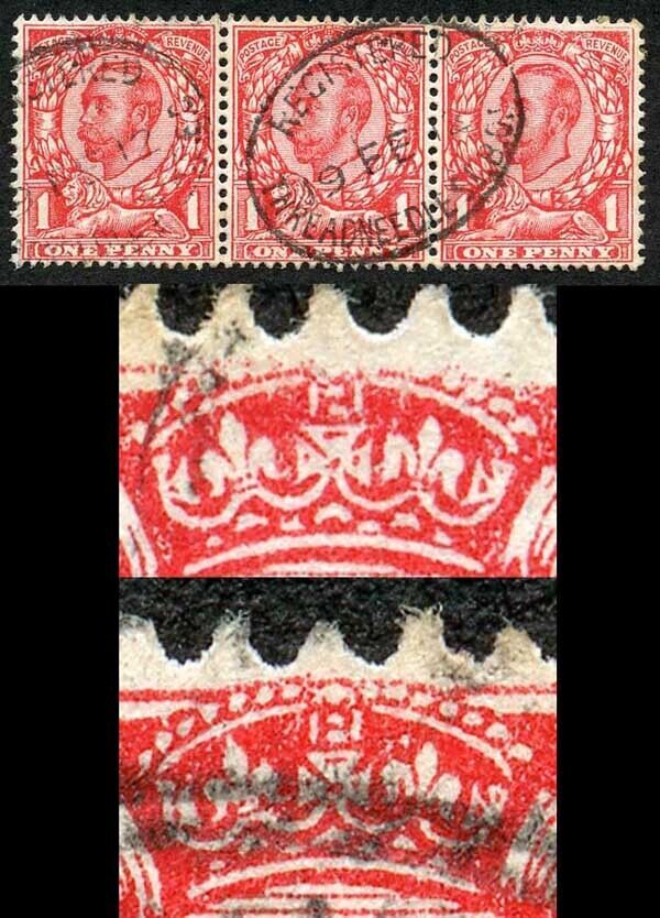 1d Bright Scarlet SG341a Fine Used Strip 3 (2 Stamps Showing No Cross ...