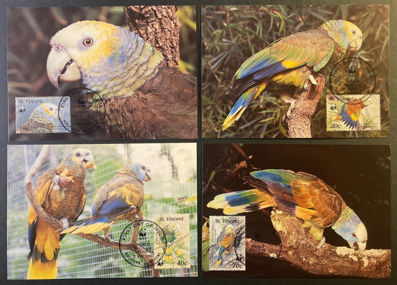 St Vincent 1989 WWF birds parrots panda MAXI CARD MC set USED ...