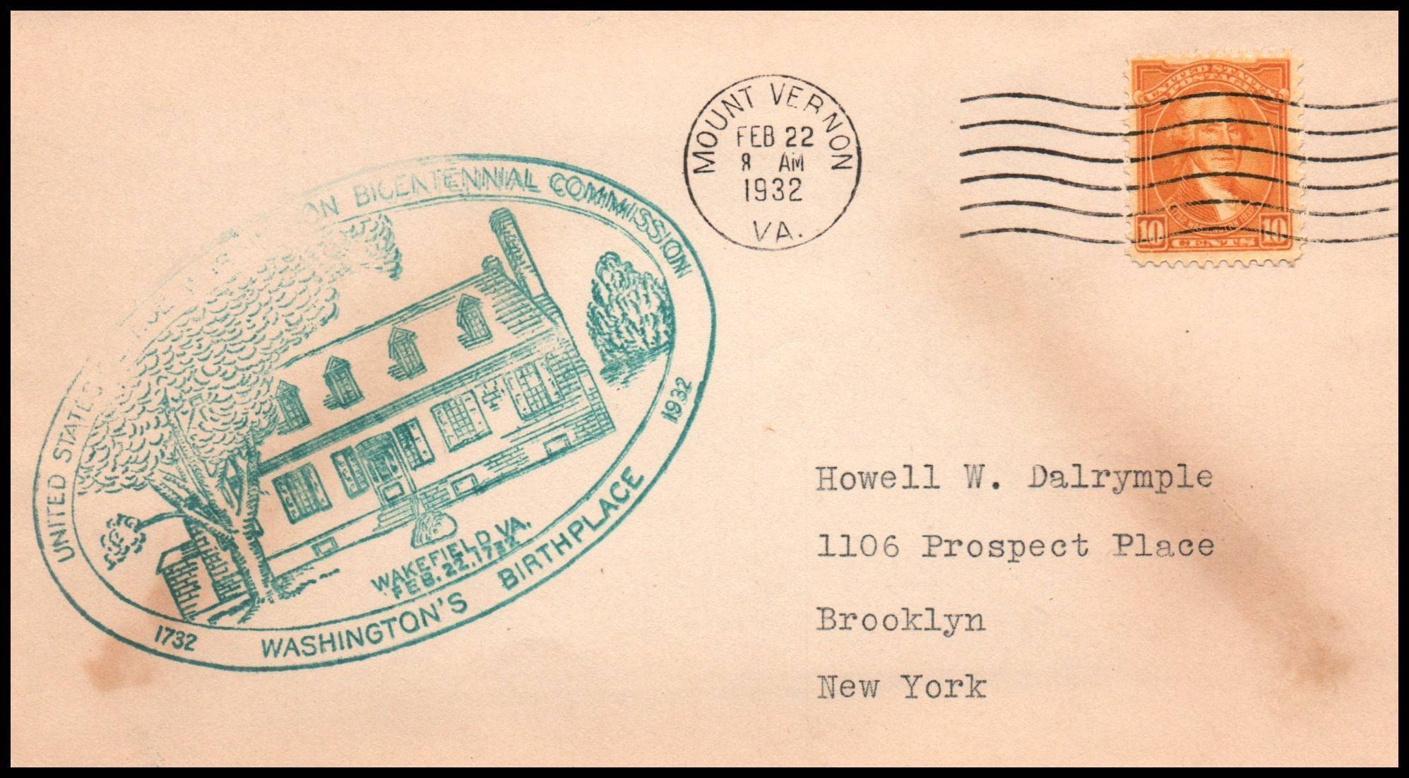 US George Washington Bicentennial Birthplace 1932 Cover | United States ...