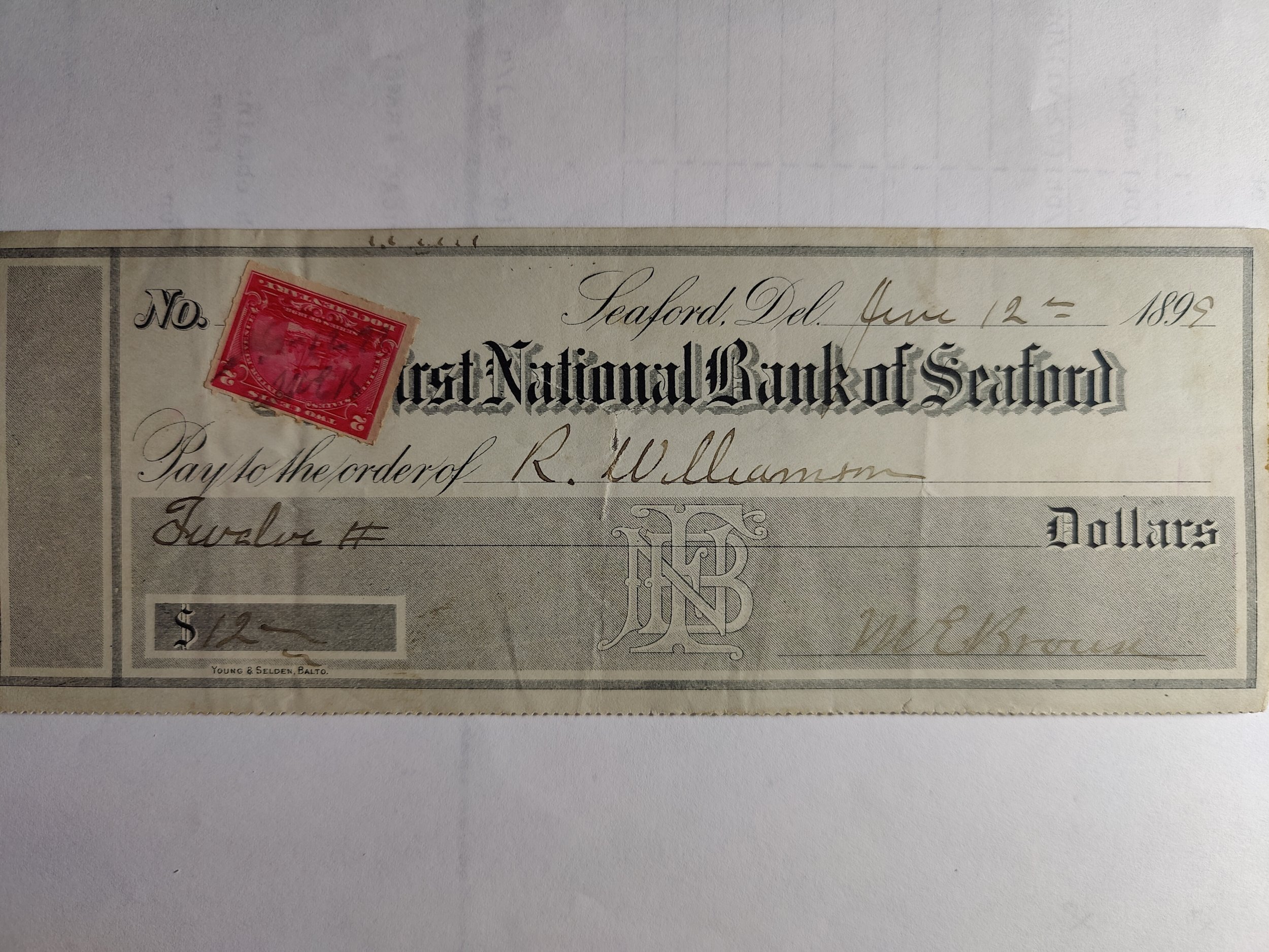 Scott #R164 Bank Check $ 12.00 the First National Bank of Seaford ...
