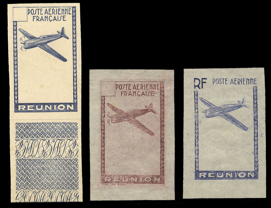 French Colonies, Reunion, 1938 Air Post, three imperf. proofs, one on ...