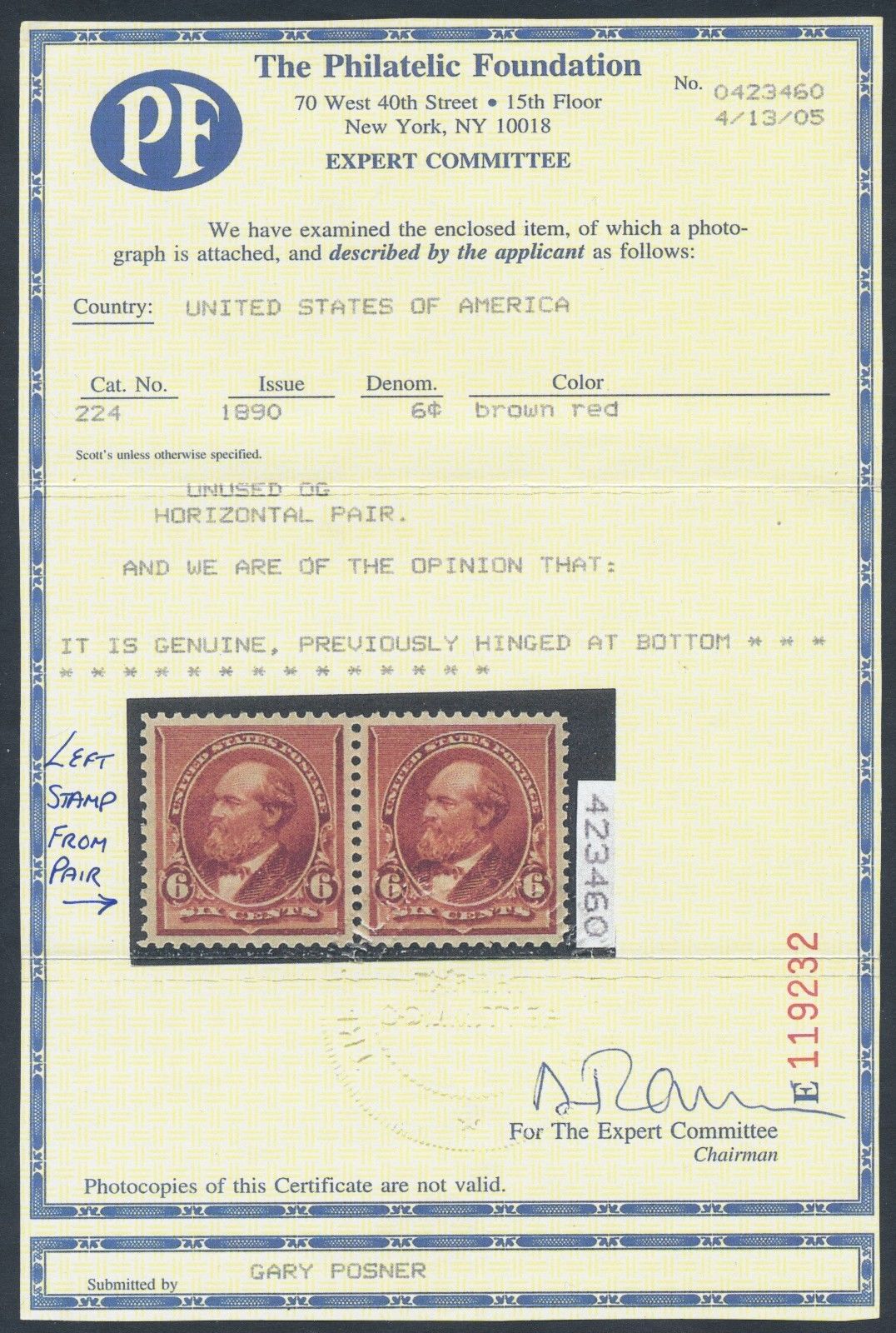 #224 XF-SUPERB OG XXLH WITH PF CERT BR5522 / HipStamp