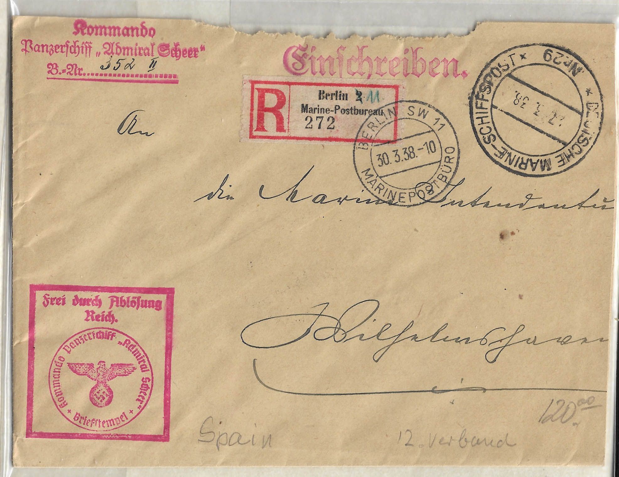 WW2: German Naval Feldpost MSP-29 KMS Admiral Scheer 3/30/38 Registered ...