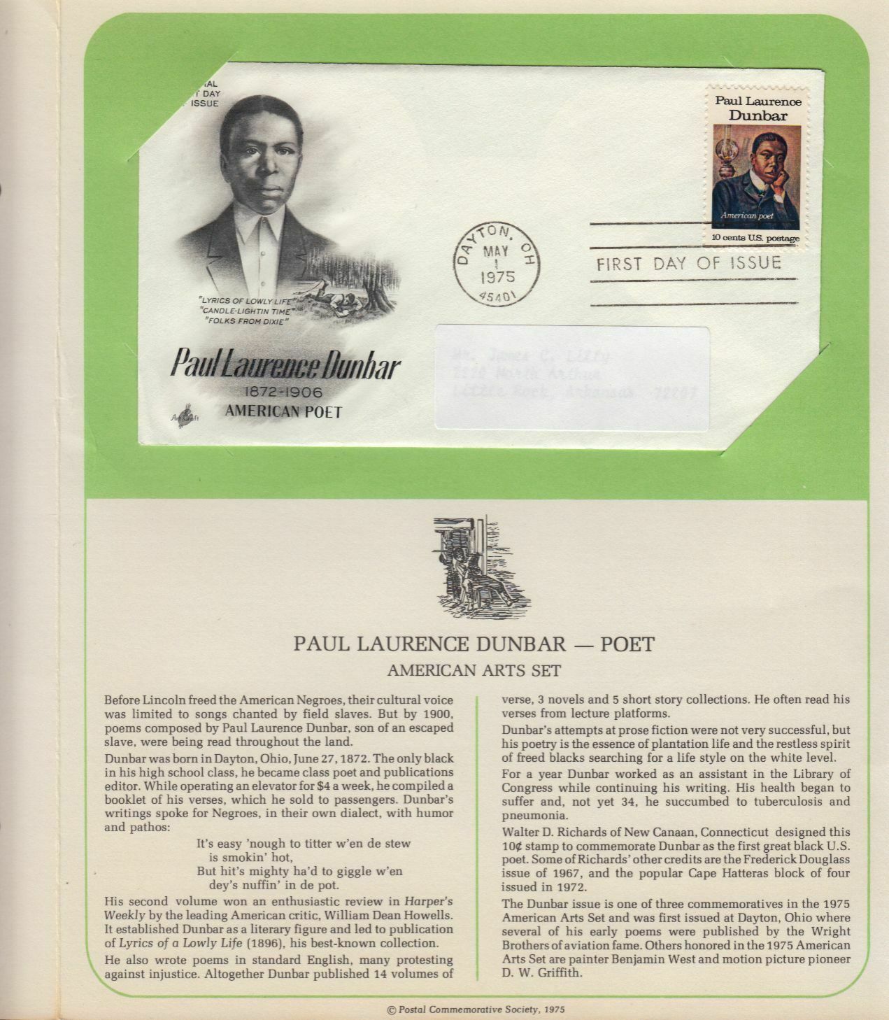 1975 Paul Lawrence Dunbar poeta SC 1554 en la página de información de ...