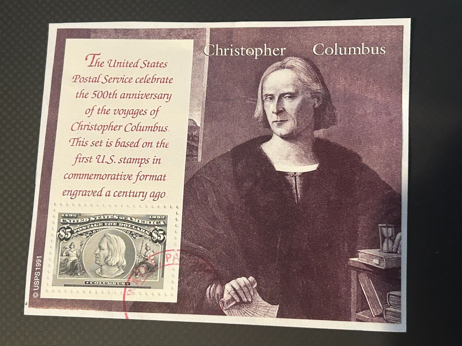 SCOTT #2629 $5 REISSUE 1992 COLUMBIAN STAMP Postally Used Pane of 1 APS ...