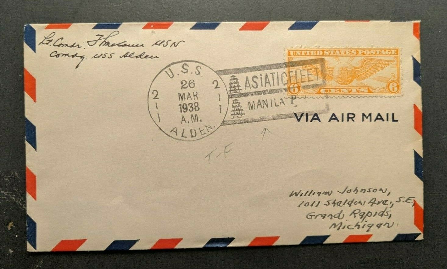 1938 USS Alden Navy Cover to Grand Rapids MI Asiatic Fleet Manila P ...