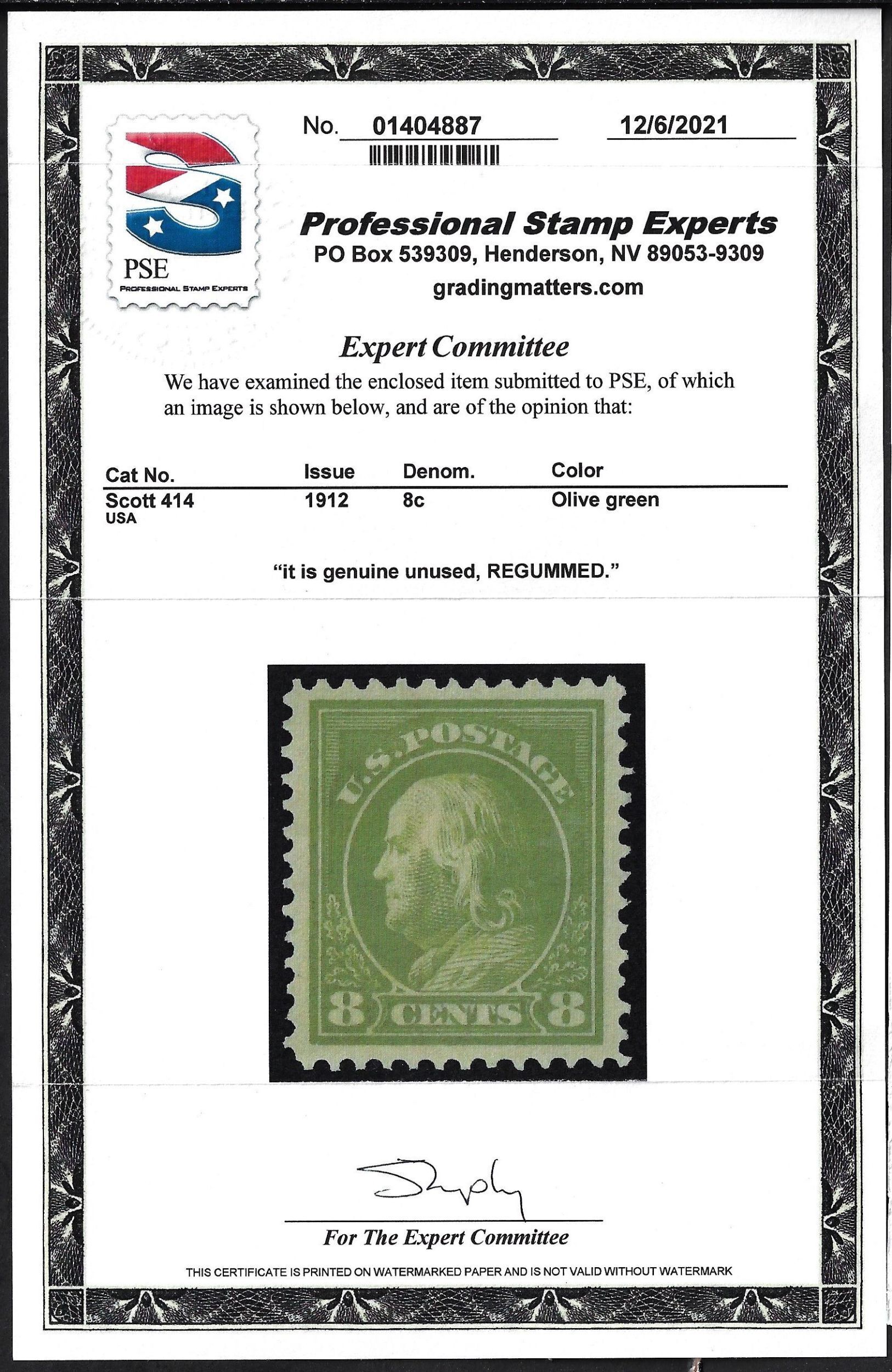 Scott #414 - XF-unused, expertly regummed. With 2021 PSE certificate ...