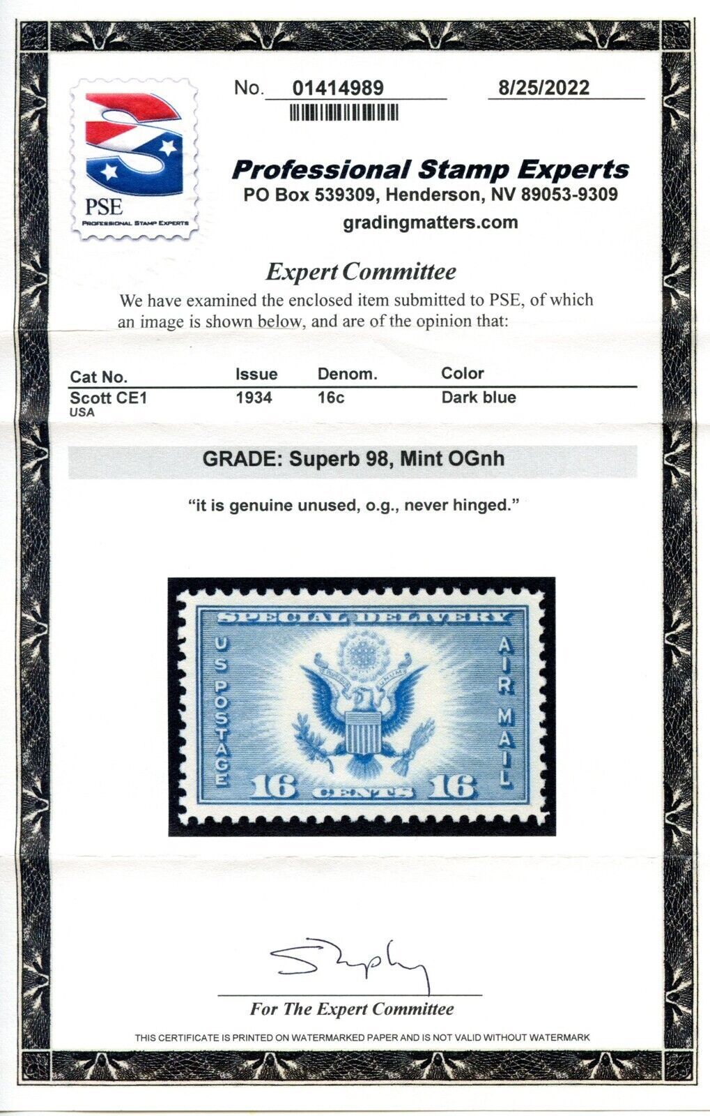 US Scott #Ce1 Mint-Superb-Og-Nh Graded 98 W/ PSE Cert SMQ $95 (3/22/24 ...