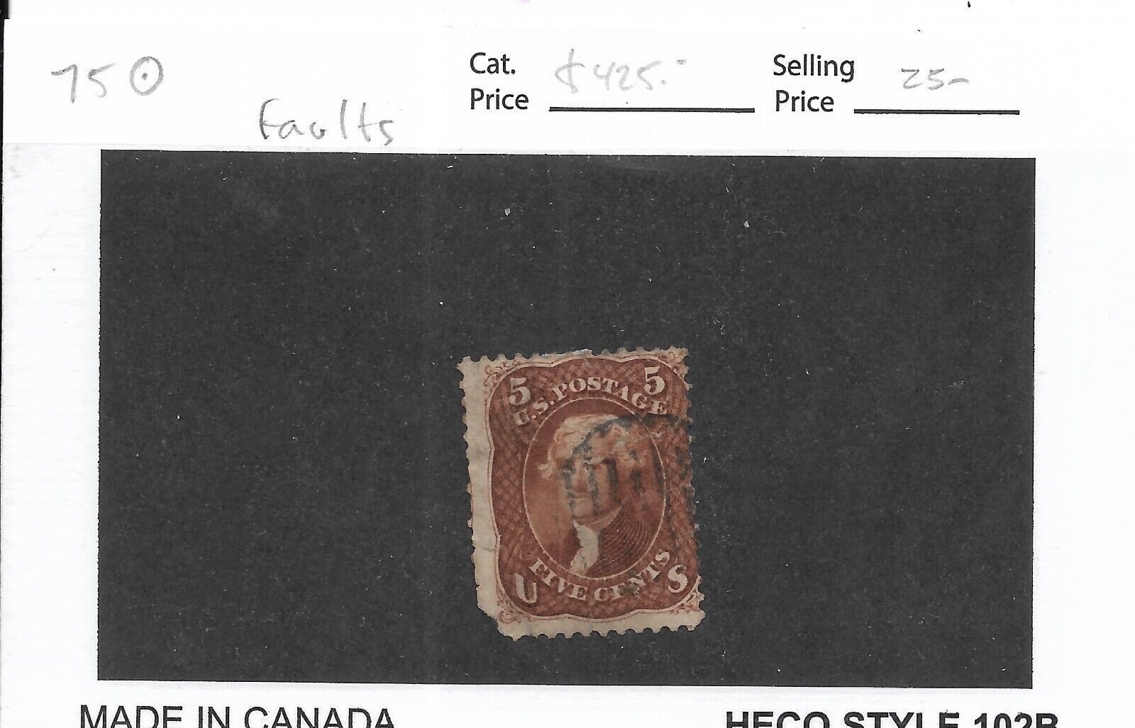 U.S. Classic: Sc # 75, used w/Faults Cat $425 (58967) | United States ...