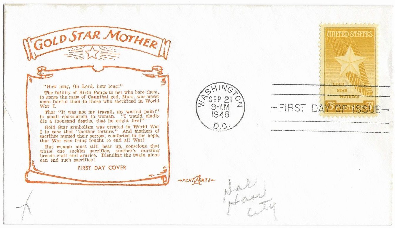 1948 FDC, #969, 3c Gold Star Mothers, Pent Arts M-29 | United States ...