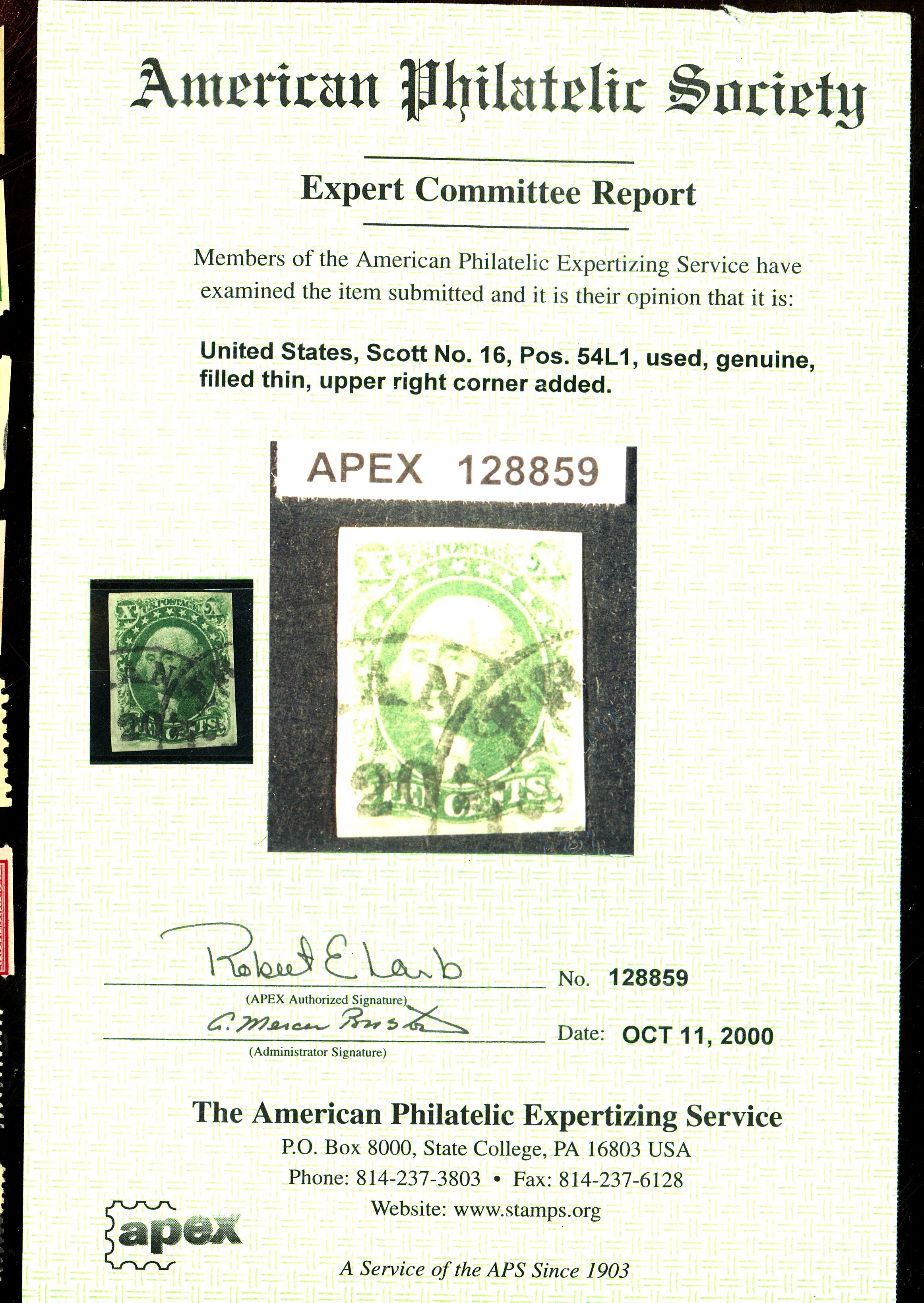 16 Used APS Cert SM Filled Thin RT Corner Added Cat $1700 | United ...