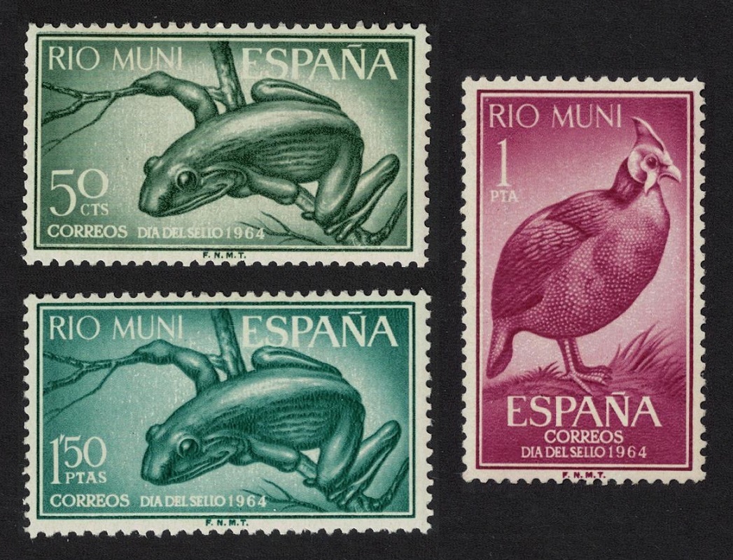 Rio Muni Goliath Frog Helmeted Guineafowl Bird 3v 1964 MNH SC#44-46 SG ...