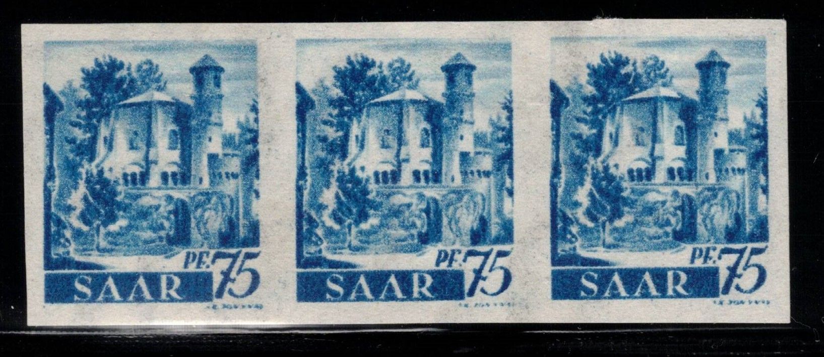 SAAR 1947 75pf Abbey, Imperforate Strip of 3; Scott 174 var, Michel ...